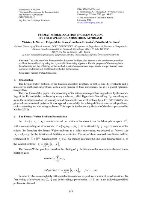 Pdf Fermat Weber Location Problem Solving By The Hyperbolic Smoothing Approach