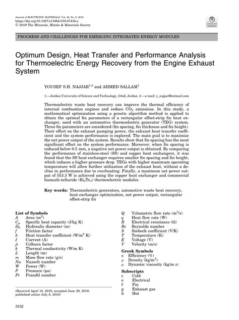 Pdf Optimum Design Heat Transfer And Performance Analysis For Thermoelectric Energy Recovery