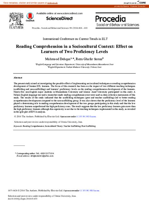 Pdf Reading Comprehension In A Sociocultural Context Effect On Learners Of Two Proficiency Levels