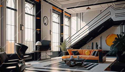 깔끔한 라인의 기하학적 모양과 미니멀한 미학을 특징으로 하는 초현실적인 8k 인테리어의 바우하우스 디자인 Generated By Ai 프리미엄 사진