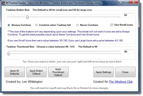 W Taskbar Tweaker Tweak Windows Taskbar Button Thumbnail Preview Sizes