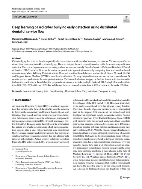 Deep Learning Based Cyber Bullying Early Detection Using Distributed Denial Of Service Flow