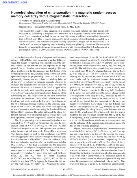 Pdf Numerical Simulation Of Write Operation In A Magnetic Random