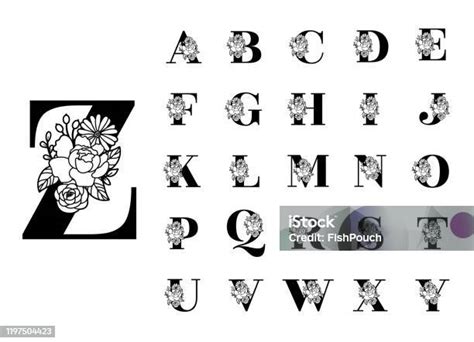 꽃 알파벳은 검은 글자를 잘라 꽃다발 실루엣 Abc 글꼴입니다 꽃 식물에 대한 스톡 벡터 아트 및 기타 이미지 꽃 식물