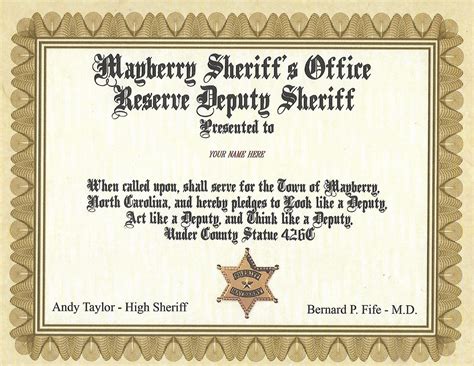 Mayberry Deputy Sheriff Certificate Barney Fife Andy Griffith Show Ebay