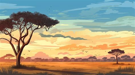 Premium Vector A Painting Of A Sunset With A Tree In The Foreground