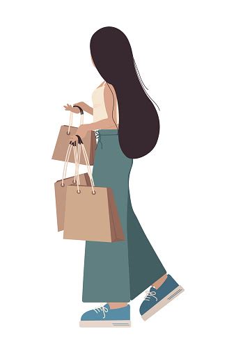 긴 머리 트렌디 한 옷 에코 쇼핑백을 가진 양식화 된 젊은 여성이 배경으로 반쯤 돌아 섰습니다 가방에 대한 스톡 벡터 아트 및 기타 이미지 Istock