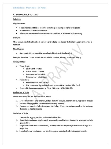 Basics Of Statistics Summary Notes Pdf Statistics Scientific Method