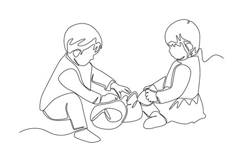 연속 한 선 그리기 집에서 장난감을 가지고 노는 귀여운 소녀와 소년 친구 개념과의 행아웃 한 줄 그리기 디자인 벡터 그래픽 그림