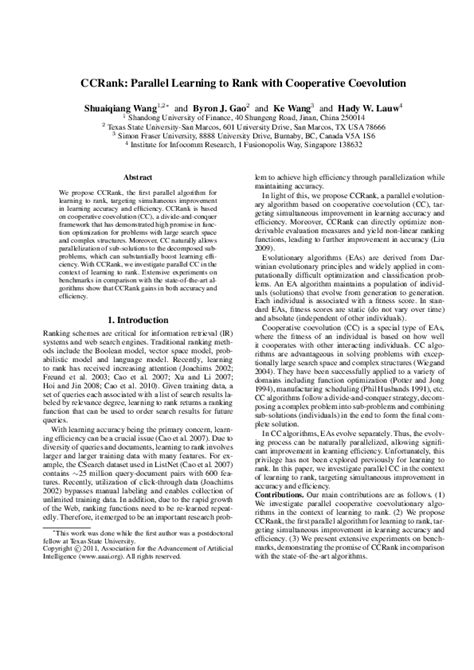 Pdf Ccrank Parallel Learning To Rank With Cooperative Coevolution