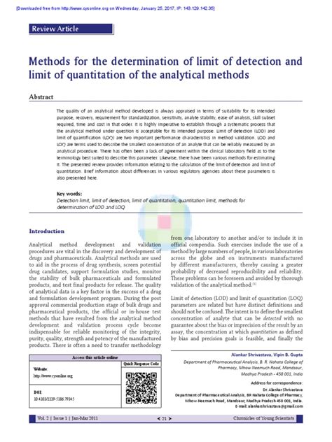 Methods For The Determination Of Limit Of Detection And Pdf Detection Limit Standard Deviation