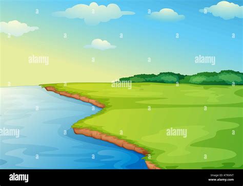 Illustration Of Open Grass Field On Waters Edge Stock Vector Image