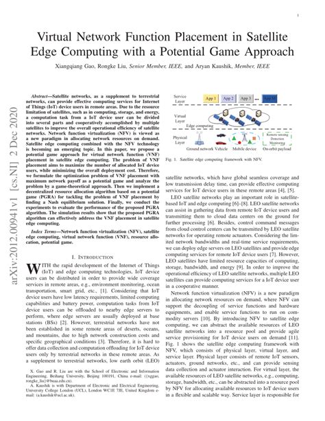 Pdf Virtual Network Function Placement In Satellite Edge Computing With A Potential Game Approach
