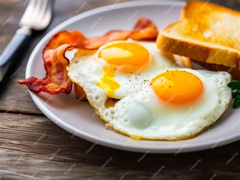 Premium Photo Plate With Fried Eggs Bacon And Toast Tasty Breakfast