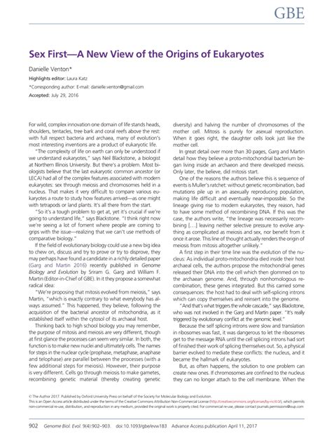 Pdf Sex First—a New View Of The Origins Of Eukaryotes