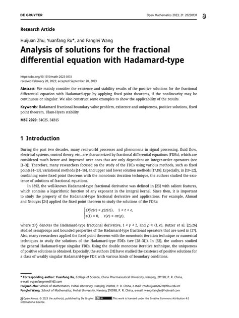 Pdf Analysis Of Solutions For The Fractional Differential Equation With Hadamard Type