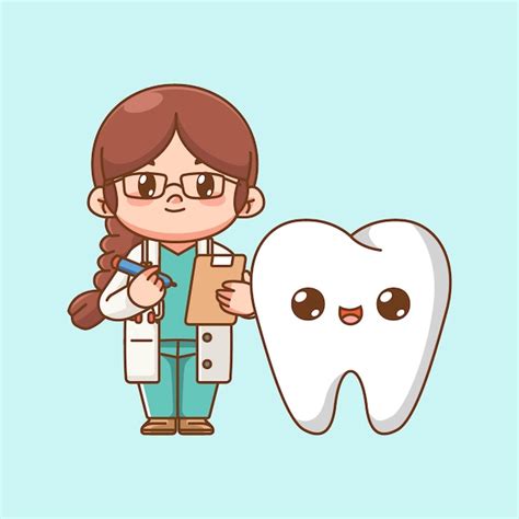 이빨을 가진 귀여운 여성 치과의사 캐릭터 카와이 치비 마스코트 일러스트레이션 윤 스타일 프리미엄 벡터