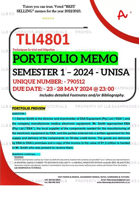 TLI4801 PORTFOLIO MEMO MAY JUNE 2024 SEMESTER 1 UNISA DUE DATE 23 28 MAY 2024