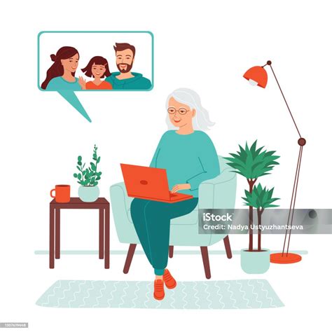 행복한 회색 머리 의 노인 여성이 화상 통화에 대해 이야기합니다 할머니 가족과의 원격 통신 개념 은퇴 노인 및 연령을위한 현대 기술 벡터 일러스트레이션 조부모에 대한 스톡