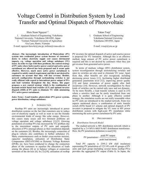 Pdf Voltage Control In Distribution System By Load Transfer And Optimal Dispatch Of Photovoltaic