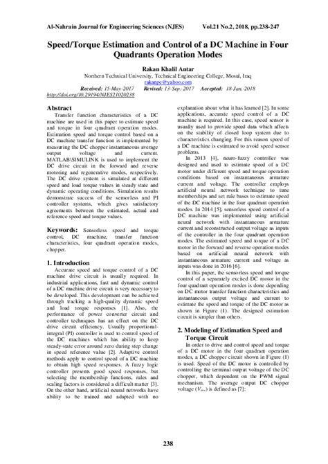 Pdf Speed Torque Estimation And Control Of A Dc Machine In Four Quadrants Operation Modes