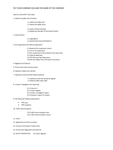 Health And Safety File Index Pdf