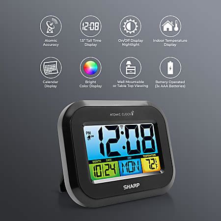 Sharp Atomic Alarm Clock With Calendar And Indoor Temperature Display 5 H X 1 W X 6 12 D Black