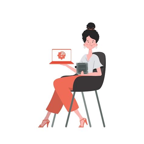 Premium Vector A Woman Holds A Laptop And A Processor Chip In Her