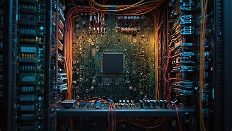 Closeup Of A Complex Computer Motherboard With Circuits Wires And Electronic Components