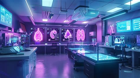 Futuristic Laboratory With Purple And Blue Lighting Premium Ai
