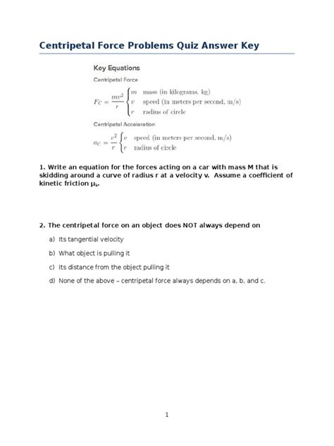 Centripetal Force Problems Quiz Answer Key Pdf Velocity Temporal