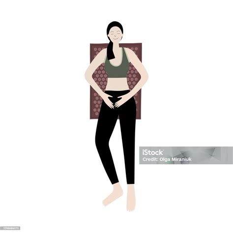 여자의 벡터 플랫 핸드 그린 그림은 어플리케이터 마사지 매트에 놓여 있습니다 셀프 마사지를 위한 어플리케이터 지압 침술 건강한 신체 근육 이완 가시에 대한 스톡 벡터 아트