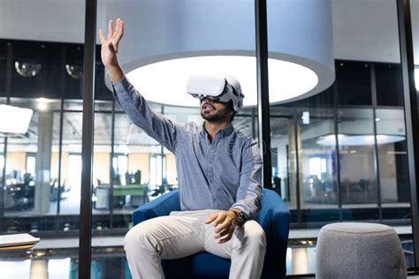 Using Vr Headset Man Interacting With Virtual Environment In Modern