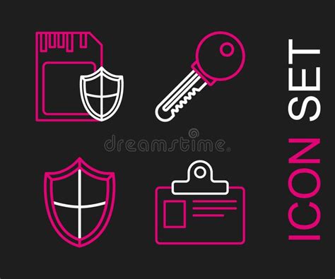 Set Line Identification Badge Shield Key And Sd Card And Shield Icon Vector Stock