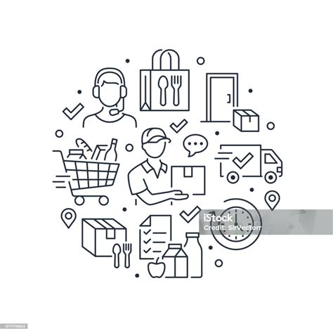 라인 아이콘이 있는 음식 배달 서클 포스터 벡터 일러스트 택배 문 비접촉식 배달 식료품 목록 저녁 식사 빠른 유통 전단지 또는 브로셔를위한 쇼핑 카트 개요 그림 0명에 대한