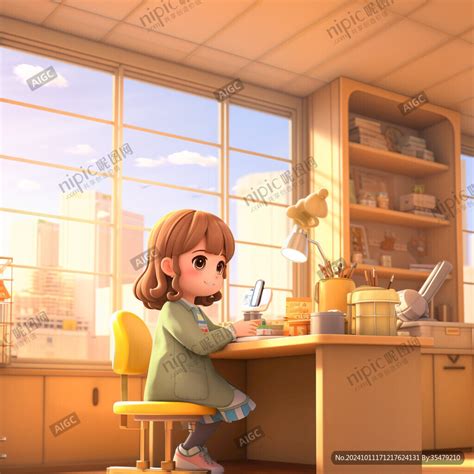 Ai创作图午后的小女孩插画 小女孩插画小场景 可爱女孩场景图 儿插女孩 女生工作插画 在认真的学习女孩 图书馆儿插 写作业的小姑娘 卡通学习