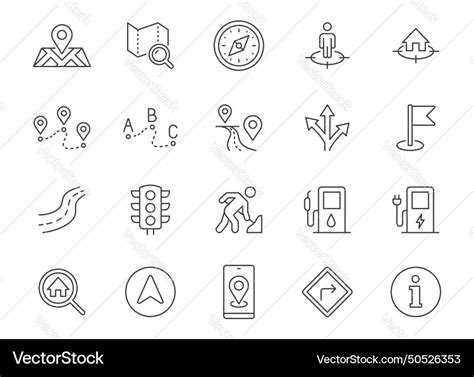 Location Line Icon Set Map Pin Gps Signal Route Vector Image