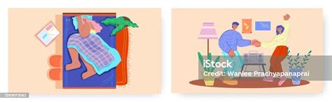 홈 레저 방문 페이지 디자인 웹 사이트 배너 벡터 템플릿 세트 집에서 자고 춤을 추며 즐거운 시간을 보내는 사람들 가정 생활에 대한 스톡 벡터 아트 및 기타 이미지 Istock