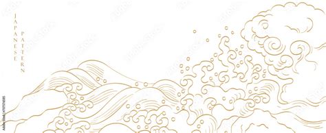 Japanese Background With Hand Drawn Wave Elements Vector Gold Line Pattern With Ocean Sea