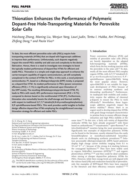 Thionation Enhances The Performance Of Polymeric Dopant‐free Hole