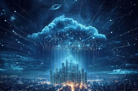 digital cityscape illuminated data servers in vortex of binary code