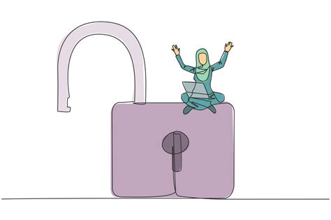Single Continuous Line Drawing Arabian Businesswoman Sitting On Giant Open Padlock Putting