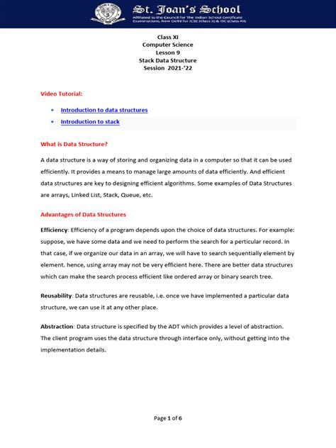 Class Xi Computer Science Lesson 9 Stack Data Structure Session 2021 22 Pdf Data Structure