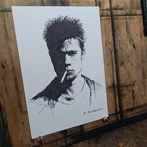Original Drawing With Black Marker Warrior Brad Pitt Fight Club