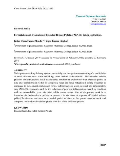 Pdf Formulation And Evaluation Of Extended Release Dosage Form Of