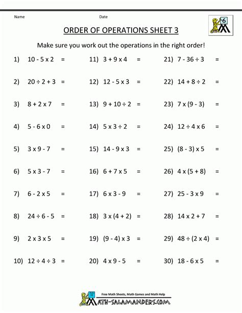 Pemdas Worksheets Order Of Operations 3 Math 1 Math Free