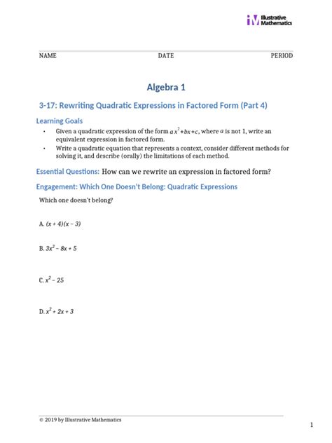 Algebra 1 Lesson 3 17im Pdf Quadratic Equation Equations