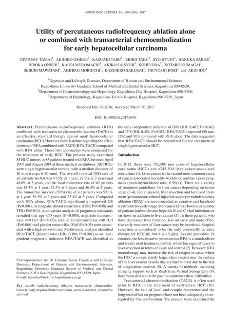 Pdf Utility Of Percutaneous Radiofrequency Ablation Alone Or Combined With Transarterial