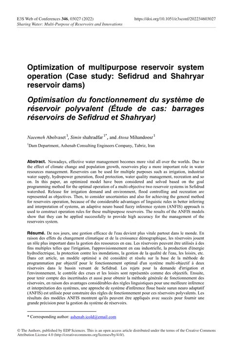 PDF Optimization Of Multipurpose Reservoir System Operation Case Study Sefidrud And Shahryar