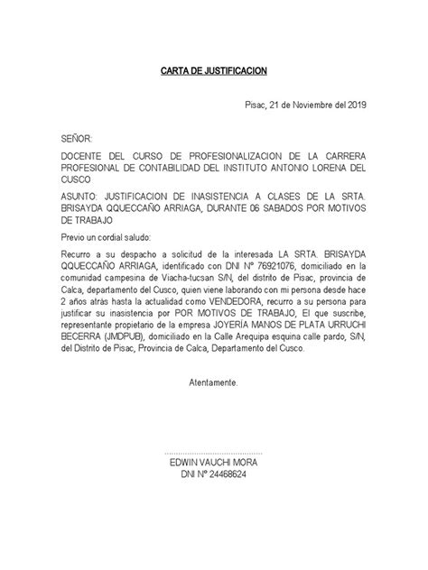 Justificación De Inasistencia Por Trabajo Pdf